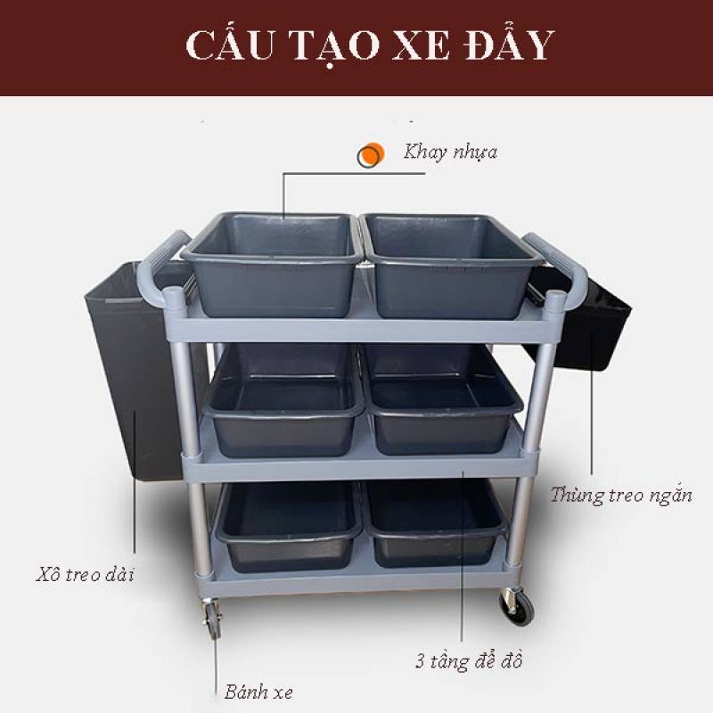 Xe đẩy dọn bàn nhựa khung nhôm có khay nhựa 3 tầng tiện dụng
