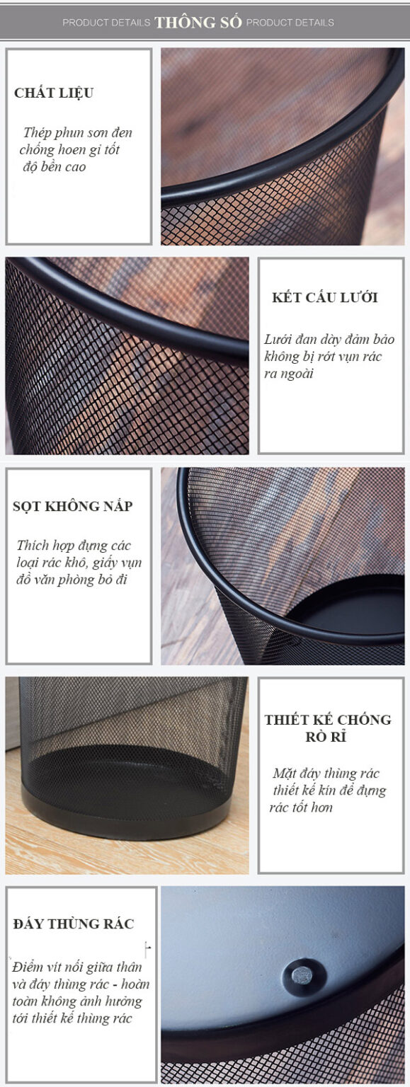Bán thùng rác lưới tròn văn phòng không nắp bằng thép sơn tĩnh điện