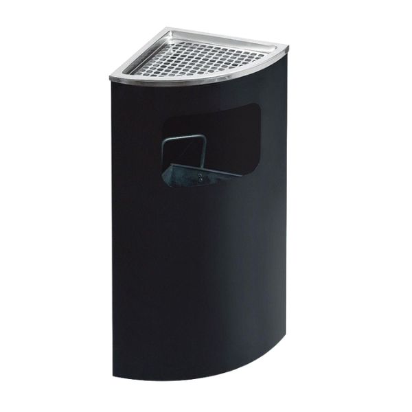 Thùng rác inox góc sơn đen có gạt tàn - thùng rác đặt góc tường